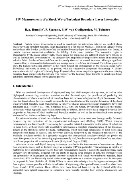 Pdf Piv Measurements Of A Shock Wave Turbulent Boundary Layer Interaction