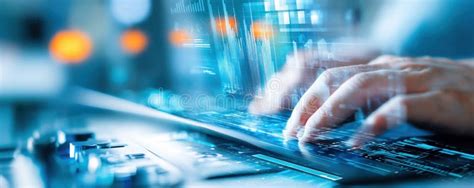 hands typing on a keyboard with data visualizations overlaid depicting