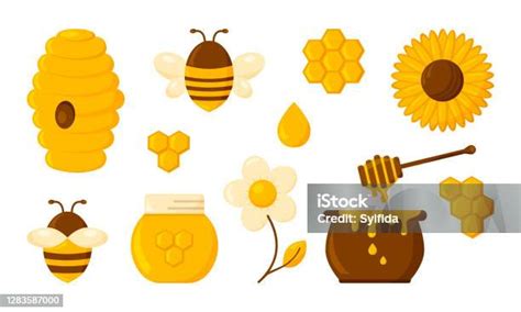 꿀 벡터 아이콘 세트 벌집 꿀벌 벌집 육각형 항아리 냄비 드롭 시럽 토스트와 꽃 과자 류러스티레이션 벌집 패턴에 대한 스톡 벡터