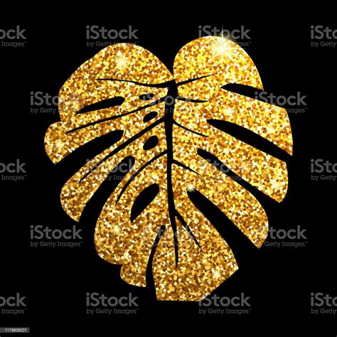 벡터 그림입니다 검은 배경에 반짝이 질감 골드 열대 잎 몬스터 0명에 대한 스톡 벡터 아트 및 기타 이미지 0명 검은색