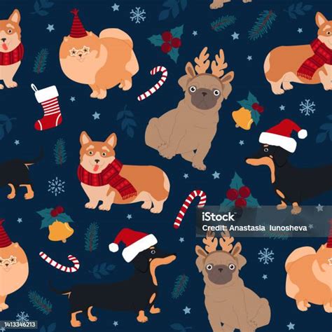 귀여운 개 퍼그 코기 포메라니안 닥스 훈트 및 크리스마스 요소의 원활한 패턴 현대적인 평면 그림 12월에 대한 스톡 벡터 아트