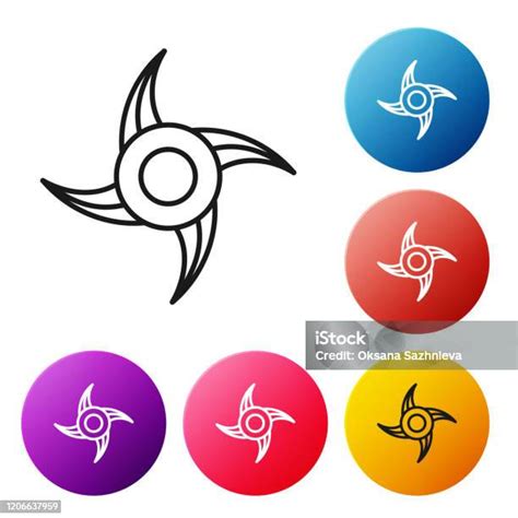 흰색 배경에 고립 된 검은 선 일본 닌자 수리검 아이콘 아이콘 다채로운 원 버튼을 설정합니다 벡터 일러스트레이션 가라테에 대한