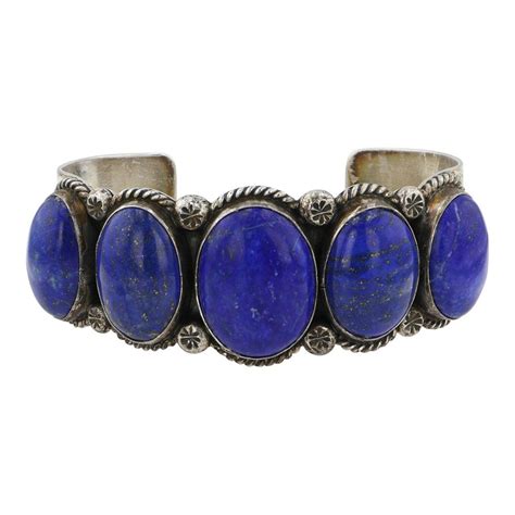 Lot Mary Ann Spencer Navajo Lapis Five Stone Stamp Cuff Bracelet
