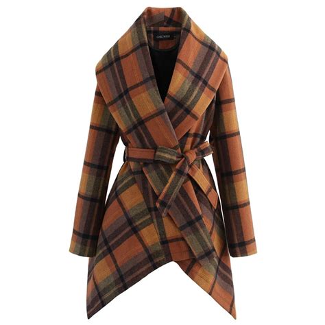Womens Caramel Wool Plaid Pea Coat Jackets Mob