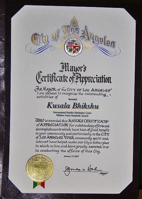 City Of Los Angles Mayors Certificate Of Appreciation Kusala Bhikshu