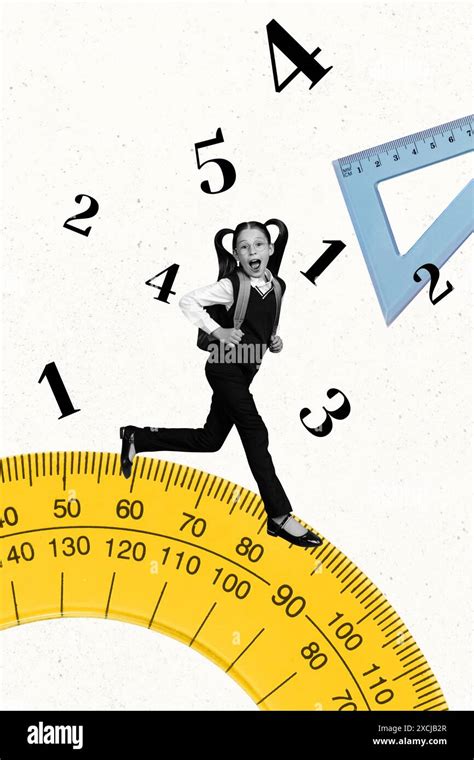 Vertical Photo Collage Of Scream Schoolgirl Run Hurry Late Math Lesson Numbers Ruler Education
