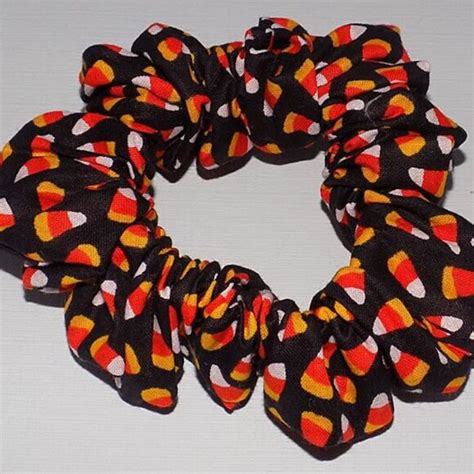 Accessories Halloween Scrunchie Small Candy Corn Pieces Tossed On Black Cotton Fabric 002