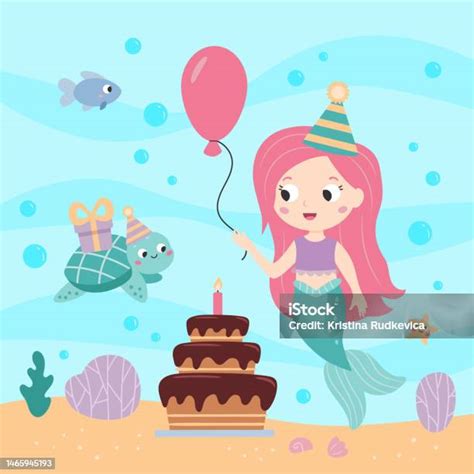 풍선을 가진 귀여운 인어공주 만화 거북이 선물 촛불이 든 맛있는 케이크 생일 카드 또는 초대에 대 한 벡터 그림입니다 여자