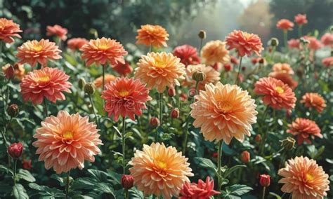 Field Dahlias In Various Shades Orange And Pink With Some Flowers In