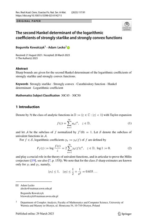 Pdf The Second Hankel Determinant Of The Logarithmic Coefficients Of