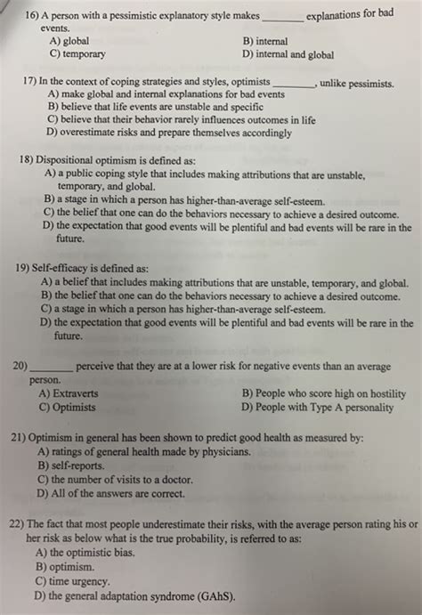 Solved 16 A Person With A Pessimistic Explanatory Style