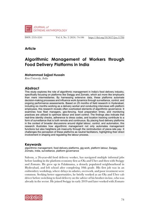 Pdf Algorithmic Management Of Workers Through Food Delivery Platforms
