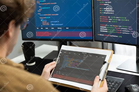 It Developer Reading Coding On Document Paper Software With Screens