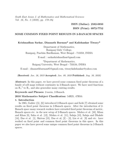 Pdf Some Common Fixed Point Results In 2 Banach Spaces