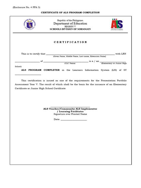 Certificate Of Als Program Completion Enclosure No 4 Ppa 5 Pdf