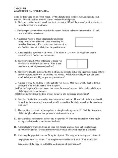Calculus Worksheet Optimization Problems Pdf Area Elementary