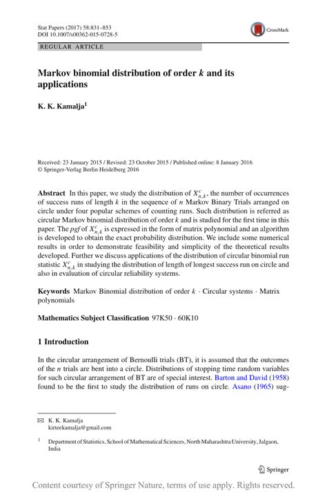 Markov Binomial Distribution Of Order K And Its Applications Request Pdf
