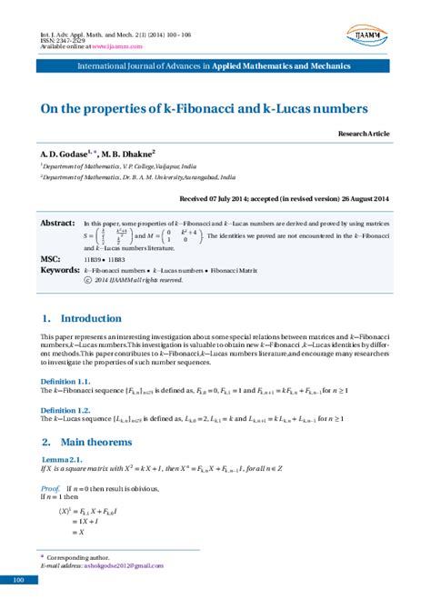pdf on the properties of k fibonacci and k lucas numbers