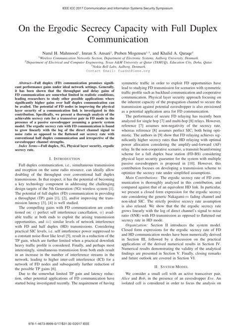 Pdf On The Ergodic Secrecy Capacity With Full Duplex Communication