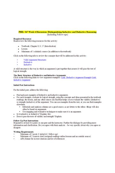 Phil 347 Week 4 Discussion Distinguishing Inductive And Deductive