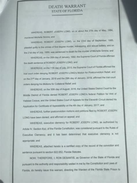 A Copy Of The Death Warrant That Was Signed By Governor Desantis This