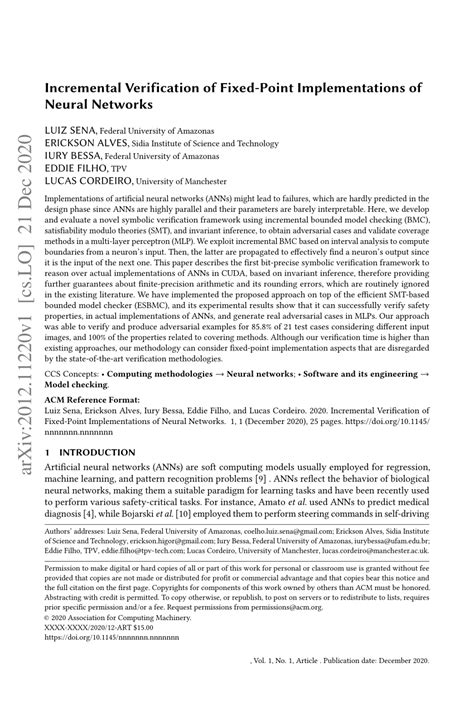 Pdf Incremental Verification Of Fixed Point Implementations Of Neural Networks