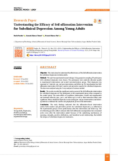 Pdf Research Paper Understanding The Efficacy Of Self Affirmation Intervention For Subclinical