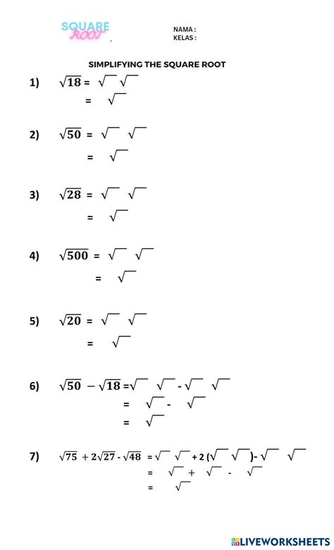 Simplifying Square Root Live Worksheets