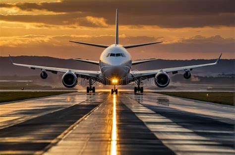 Avi N De Pasajeros Aterrizando Al Atardecer En La Pista Stock De Ilustraci N Ilustraci N De