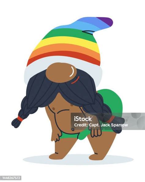 수염을 가진 검은 뜨거운 남자 반바지와 무지개 모자를 쓴 드워프 동화 속 캐릭터 계절에 대한 스톡 벡터 아트 및 기타 이미지 계절 귀여운 그놈 Istock