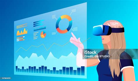 디지털 가상 현실 안경을 쓴 여자는 다이어그램 시뮬레이션을 연구하는 비즈니스 차트를 만진다 교육 Vr 게임 Ar 개념 메타버스 혁신적인 기술 배경 벡터 그림 3차원 형태에