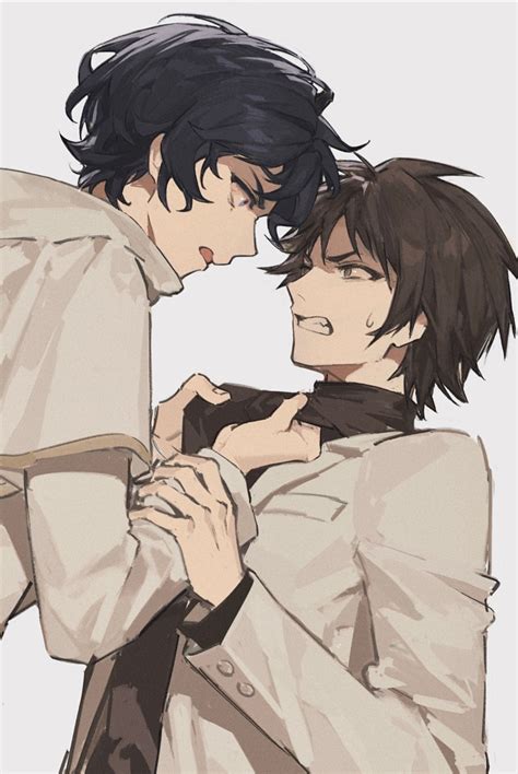 Safebooru 2boys Angry Arm Grab Black Hair Black Sweater Blue Eyes