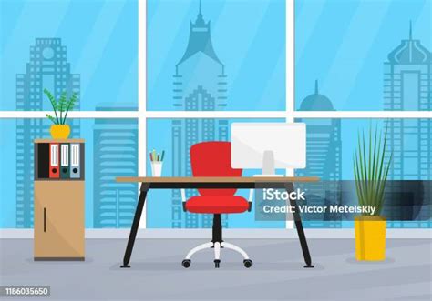 사무실 인테리어 비즈니스 작업장 창문 책상 및 컴퓨터가 있는 현대적인 오피스룸입니다 벡터 그림입니다 건물 외관에 대한 스톡 벡터 아트 및 기타 이미지 Istock