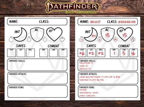 Pathfinder 1e Character Quick Reference Sheet Printable Character Sheet