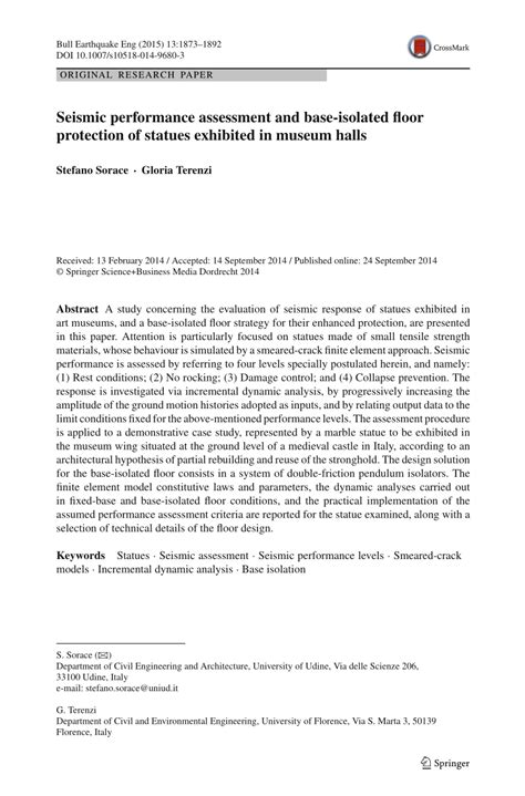 Pdf Seismic Performance Assessment And Base Isolated Floor Protection Of Statues Exhibited In