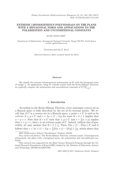 Pdf Extreme 2 Homogeneous Polynomials On The Plane With A Hexagonal Norm And Applications To