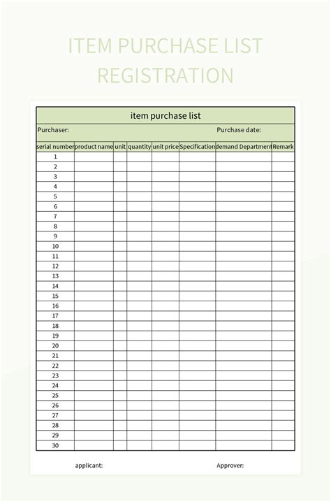 Item Purchase List Registration Excel Template And Google Sheets File For Free Download Slidesdocs