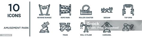 놀이 공원 개요 아이콘 세트에는 얇은 선 리버스 번지 롤러 코스터 탑 스핀 기차 회전 목마 보고서 아이콘 프리젠 테이션 다이어그램 웹이 포함됩니다 개에 대한 스톡 벡터 아트