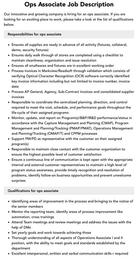 Ops Associate Job Description Velvet Jobs