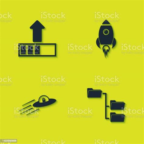 Set Loading Folder Tree Ufo Flying Spaceship And Alien And Rocket With Fire Icon Vector Stock