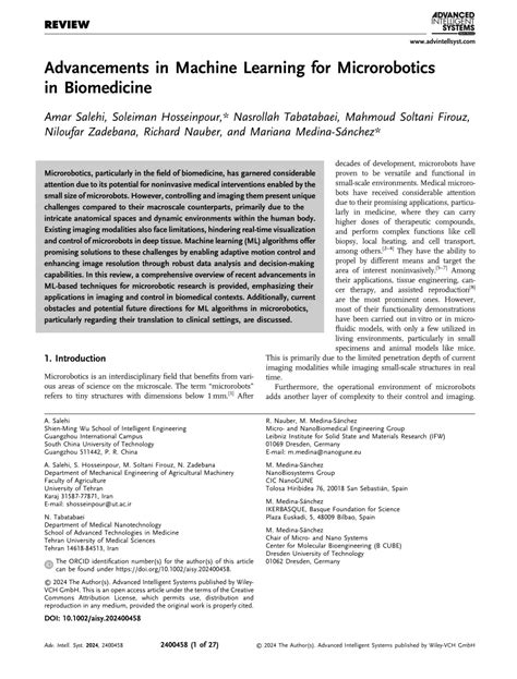 Pdf Advancements In Machine Learning For Microrobotics In Biomedicine