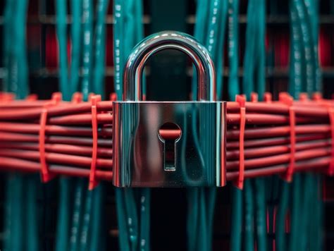 Closeup Of A Silver Padlock Securing A Network Of Red And Green Ethernet Cables Symbolizing
