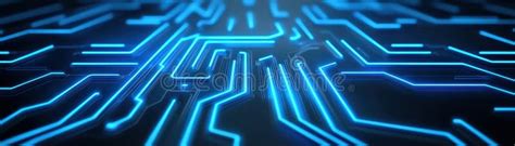 Futuristic Digital Circuit Board With Glowing Blue Neon Lines And Interconnected Pathways