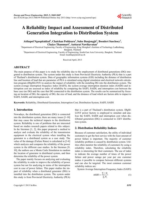 Pdf A Reliability Impact And Assessment Of Distributed Generation Integration To Distribution