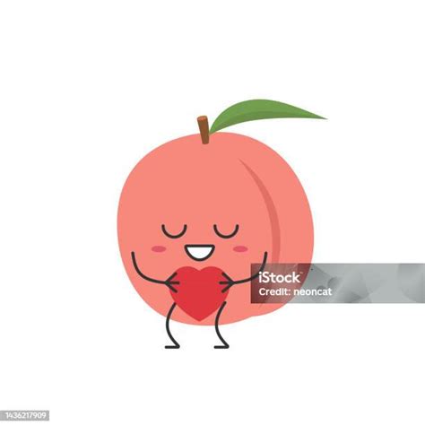 복숭아 귀여운 캐릭터 만화 사랑 기호 하트 좋아하는 육즙이 많은 달콤한 과일 웃는 얼굴 쾌활한 카와이 기쁨 행복 감정 아이콘
