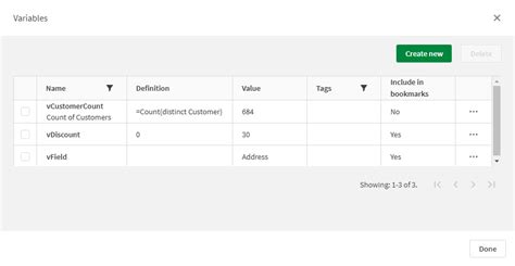 Variables Dialog Qlik Cloud Help