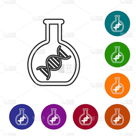灰色dna研究，搜索线图标孤立在白色背景。基因工程，基因测试，克隆，亲子鉴定。设置图标在颜色圈按钮。