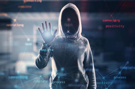 Hacker Hand Using Creative Process Stages Mesh Hologram On Blurry Office Interior Background