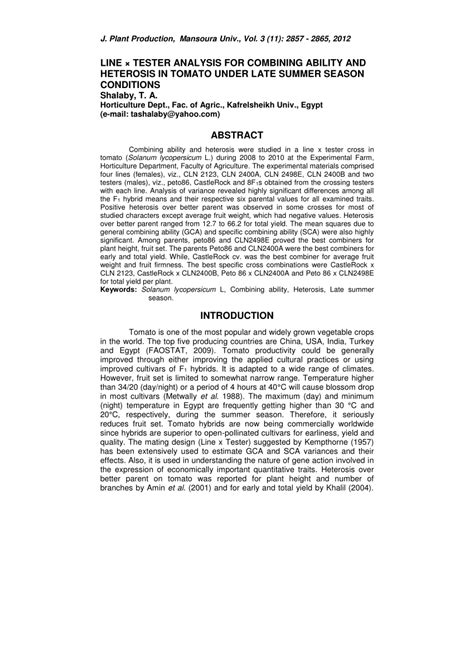 Pdf Line×tester Analysis For Combining Ability And Heterosis In