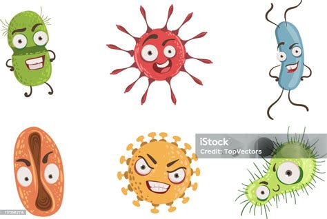 귀여운 재미 미생물 세트 다채로운 박테리아와 다양한 감정 벡터 일러스트와 병원균 문자 0명에 대한 스톡 벡터 아트 및 기타 이미지 0명 과학 귀여운 Istock
